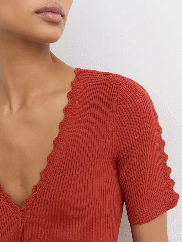 REISS Marcy Scallop-trim Rib-knit Top - Rust Red