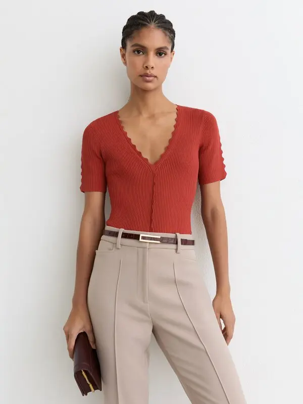 REISS Marcy Scallop-trim Rib-knit Top - Rust Red