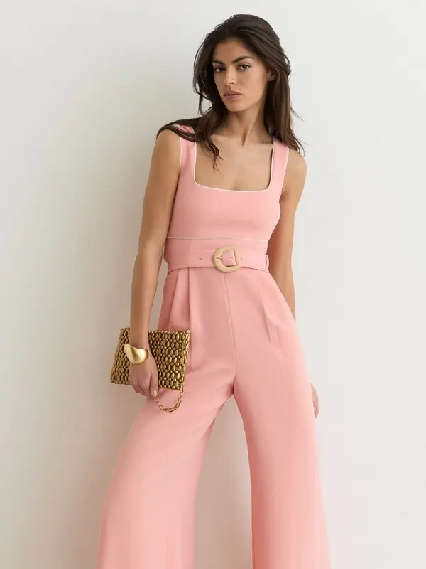REISS Dia Tipped Wide-leg Belted Jumpsuit - Pink
