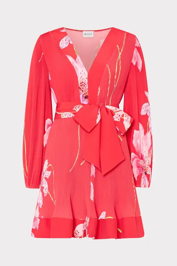 MILLY Liv Floral Pleated V-neck Mini Dress - Red