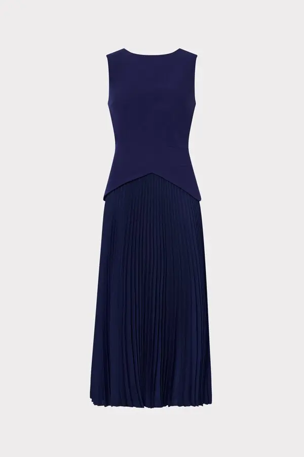 MILLY Haddy Pleated Midi Dress - Navy