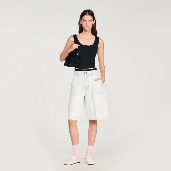 Sandro Cotton Vest Top With Beaded Embroidery - Black