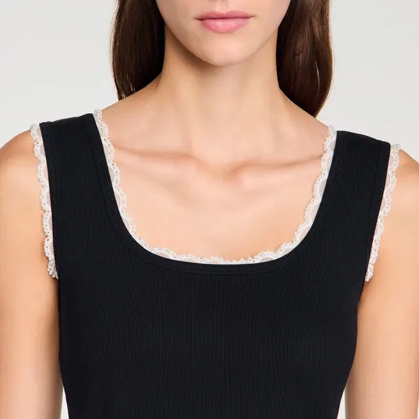 Sandro Cotton Vest Top With Beaded Embroidery - Black