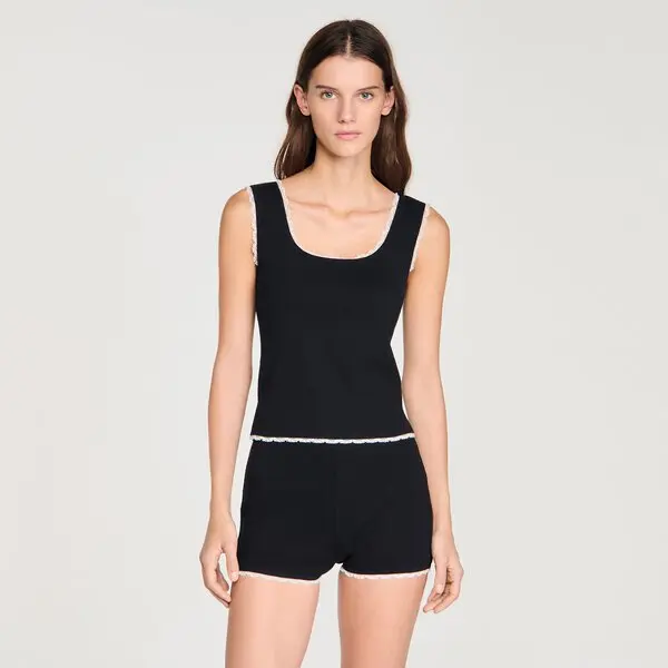 Sandro Cotton Vest Top With Beaded Embroidery - Black