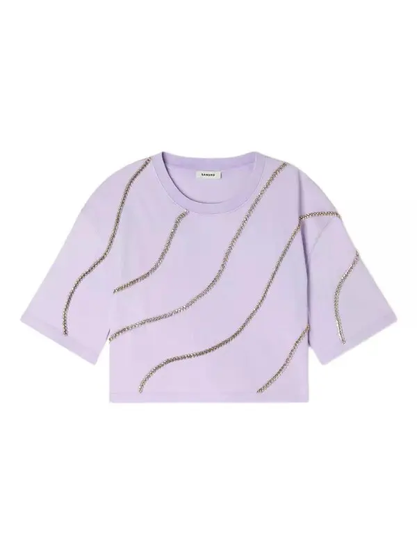Sandro Rhinestone Embellished Cropped Cotton T-shirt - Purple