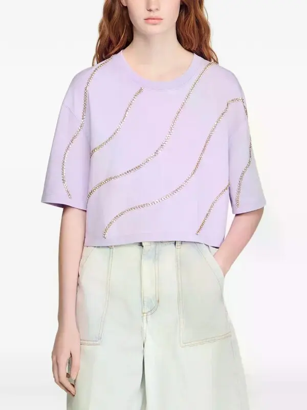 Sandro Rhinestone Embellished Cropped Cotton T-shirt - Purple
