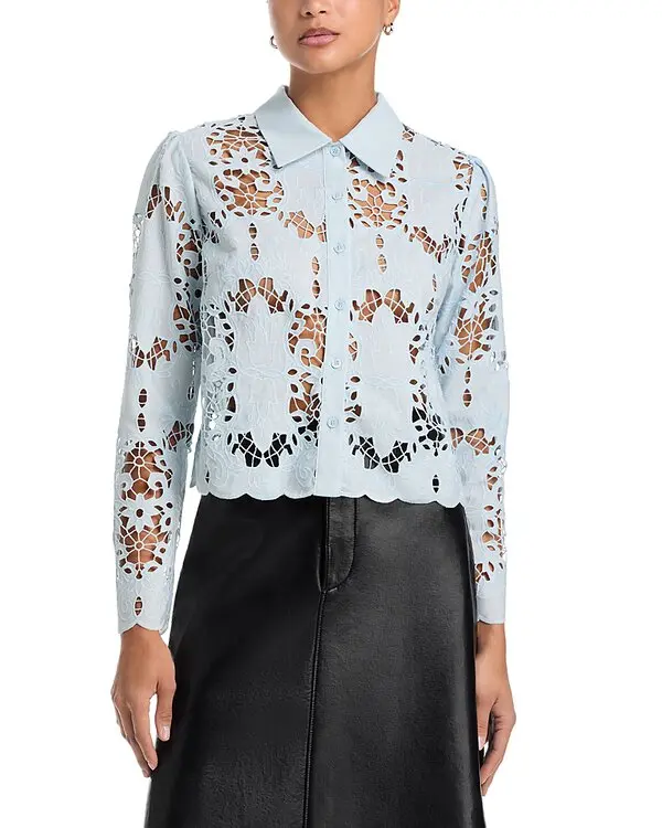 Aqua Lace Crop Long Sleeve Blouse - Light Blue