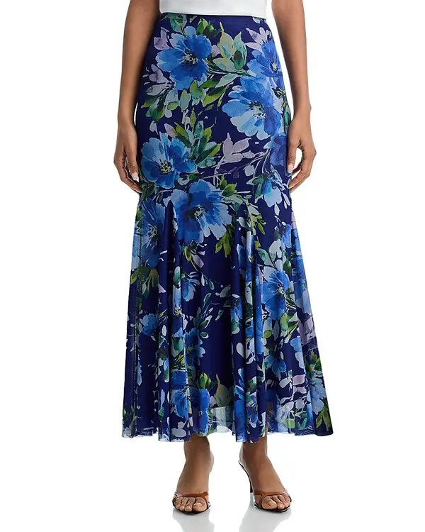 Aqua Floral Print Fishtail Maxi Skirt