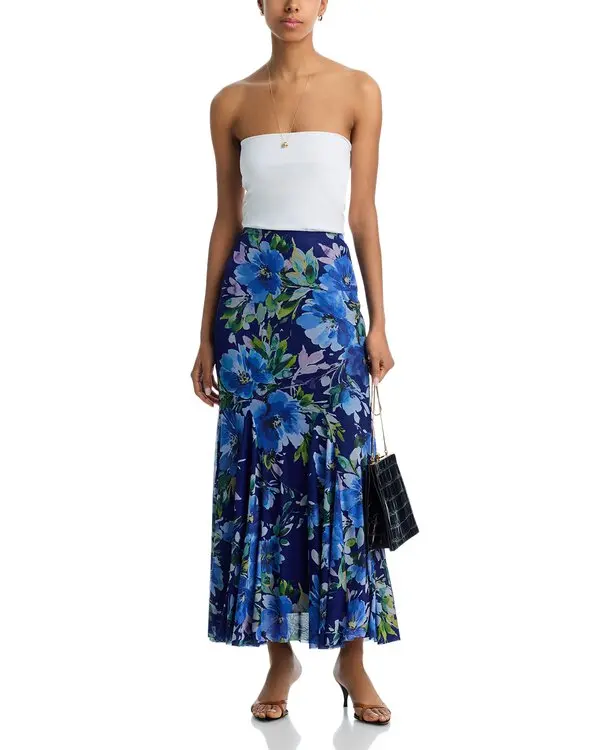 Aqua Floral Print Fishtail Maxi Skirt