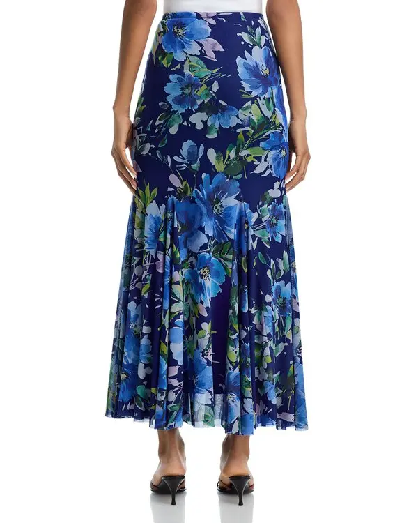 Aqua Floral Print Fishtail Maxi Skirt