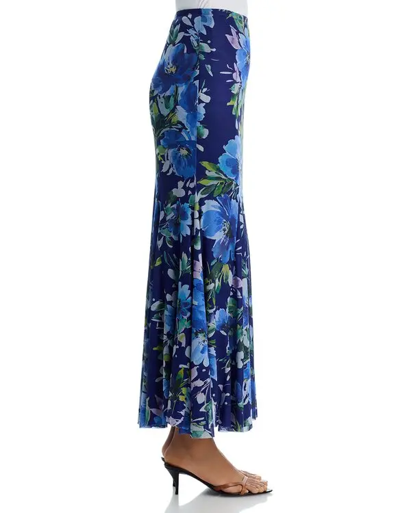 Aqua Floral Print Fishtail Maxi Skirt