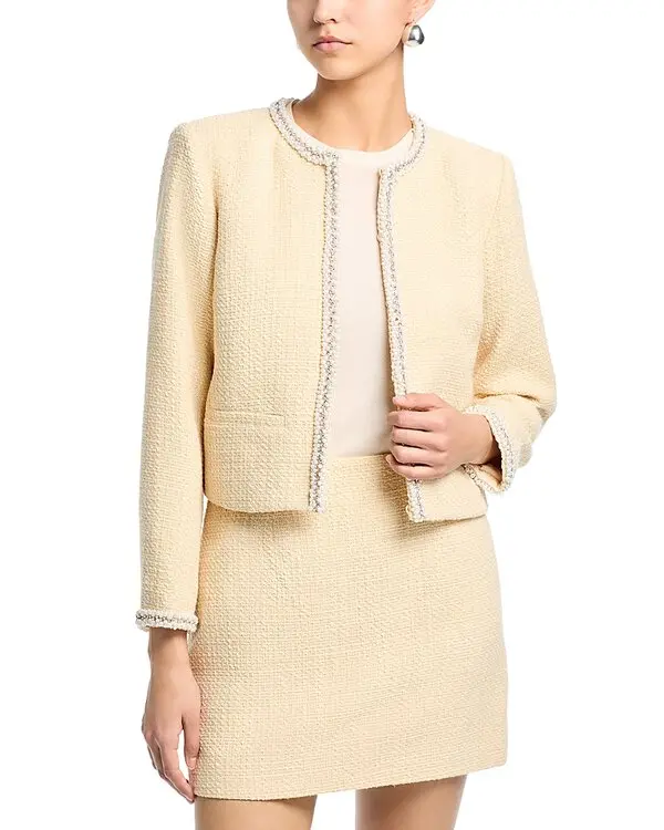 Aqua Tweed Blazer With Pearl Detail - Straw