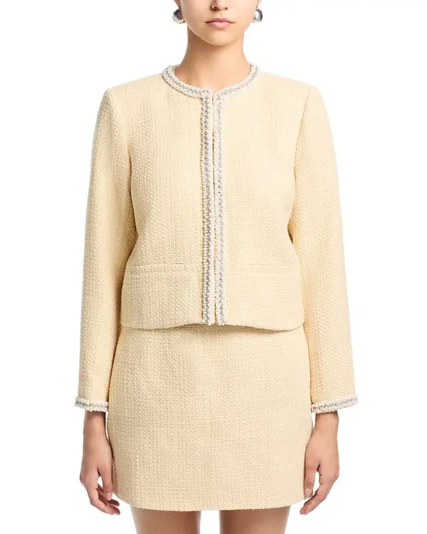 Aqua Tweed Blazer With Pearl Detail - Straw
