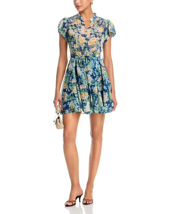 Aqua Floral Button Front Flutter Mini Dress