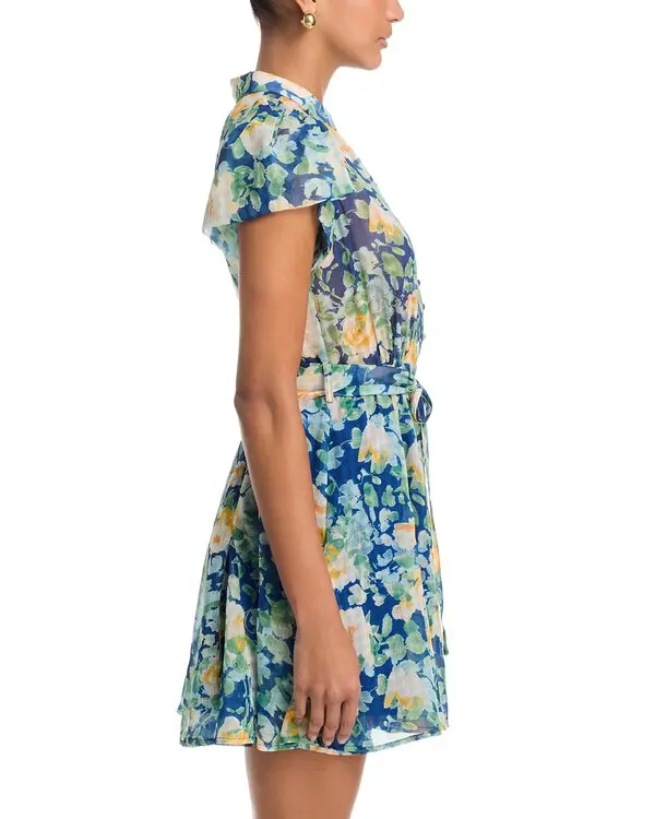 Aqua Floral Button Front Flutter Mini Dress