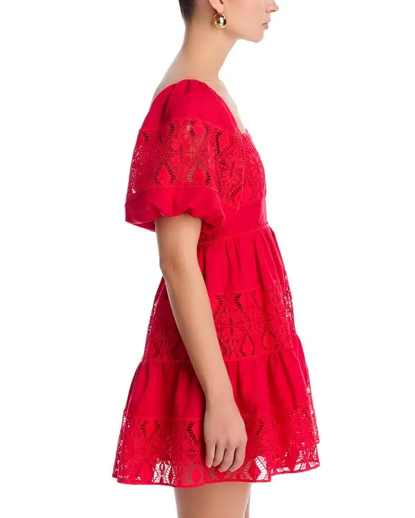 Aqua Lace Inset Puff Sleeve Mini Dress - Red | Editorialist