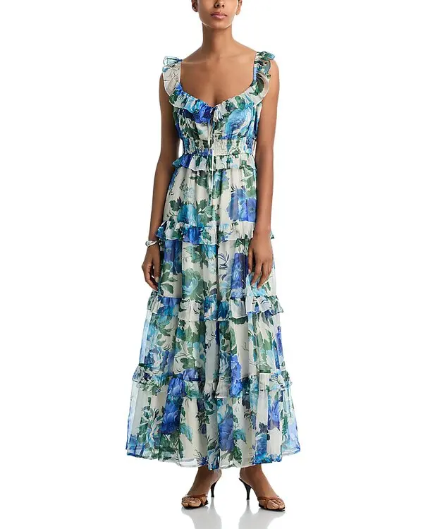 Aqua Floral Leaf Ruffle Smocked Maxi Dress