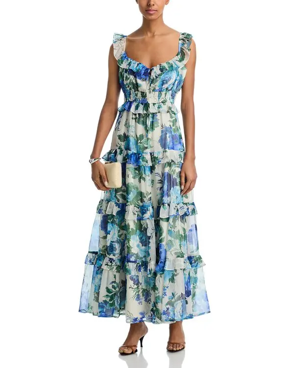 Aqua Floral Leaf Ruffle Smocked Maxi Dress