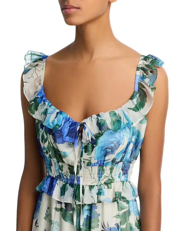 Aqua Floral Leaf Ruffle Smocked Maxi Dress