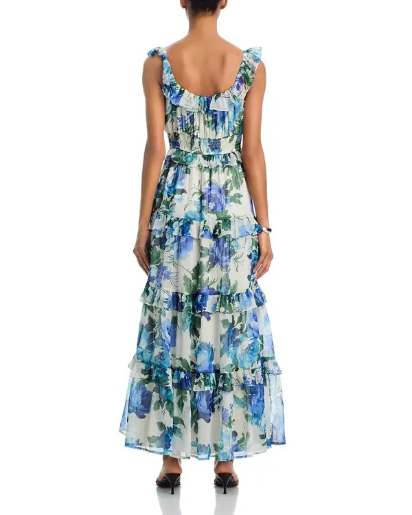Aqua Floral Leaf Ruffle Smocked Maxi Dress