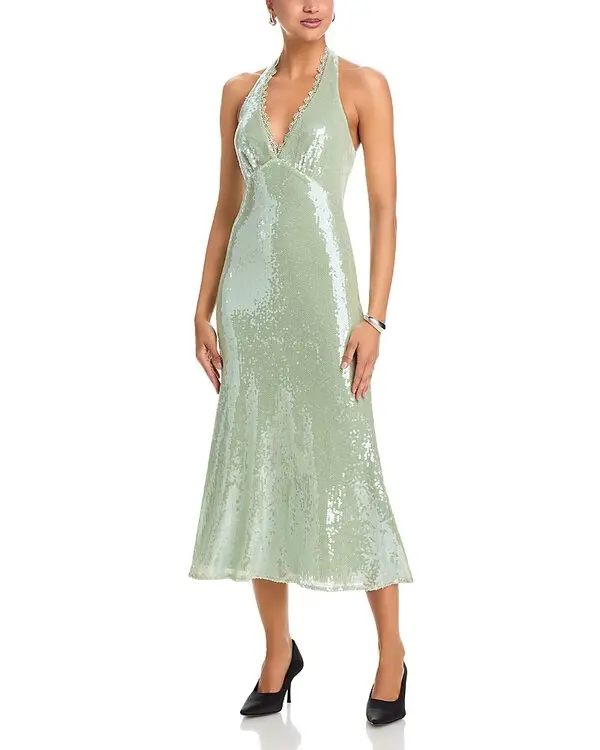 Aqua Sequin Halter Midi Dress