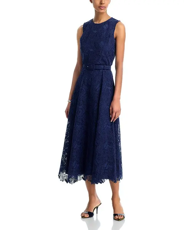 Aqua Leaf Lace Sleeveless Midi Dress