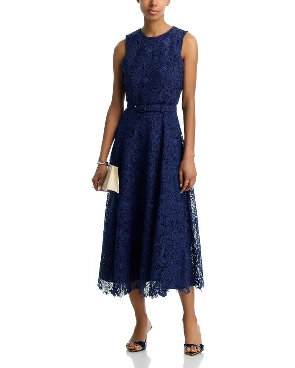 Aqua Leaf Lace Sleeveless Midi Dress