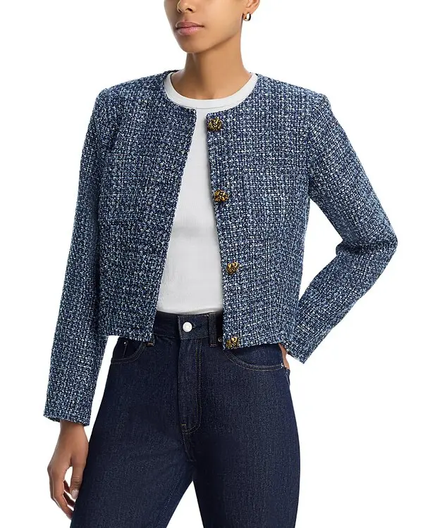 Aqua Collarless Tweed Blazer - Navy Multi