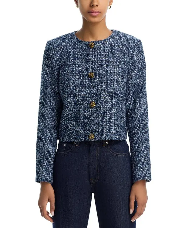 Aqua Collarless Tweed Blazer - Navy Multi