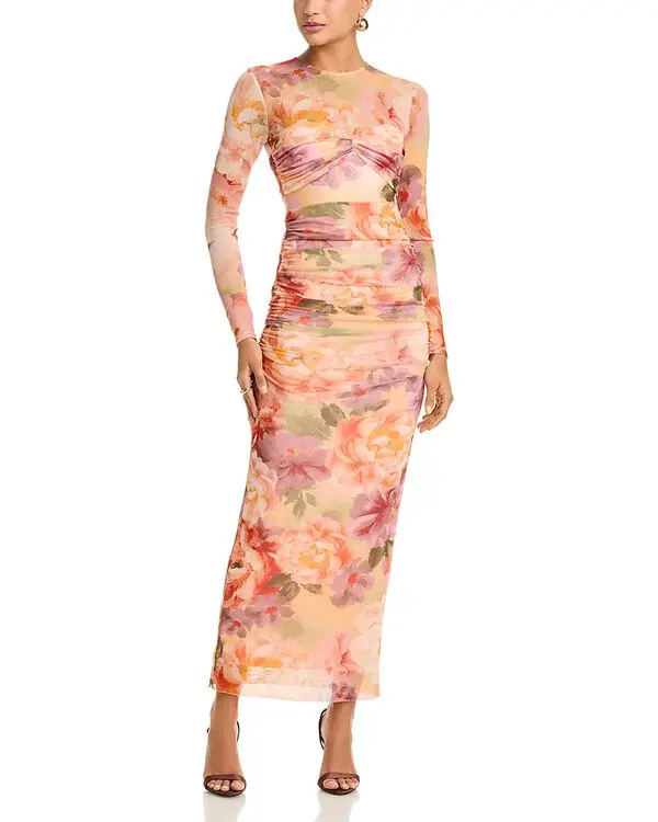 Aqua Mesh Long Sleeve Midi Dress - Coral Multi