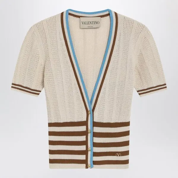 Valentino Garavani Openwork Striped Cotton Cardigan - Beige