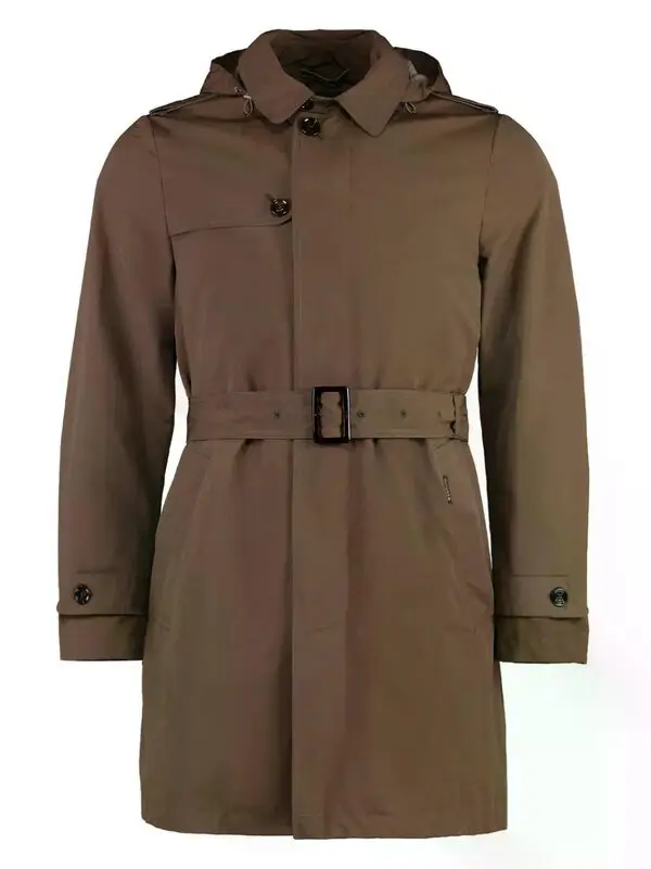 MOORER Belted Trench Coat With Removable Hood - Brown
