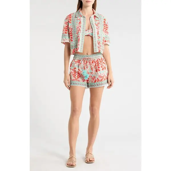 Ramy Brook Lorna Crop Cover-up Shirt - Flame Combo