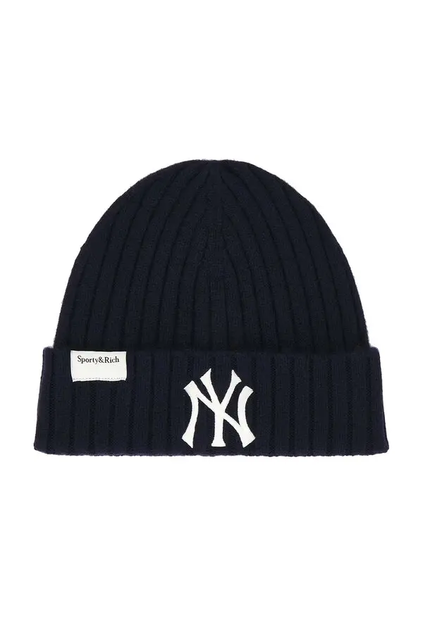 SPORTY & RICH Heritage Yankees Serif Cashmere Beanie - Dark Navy