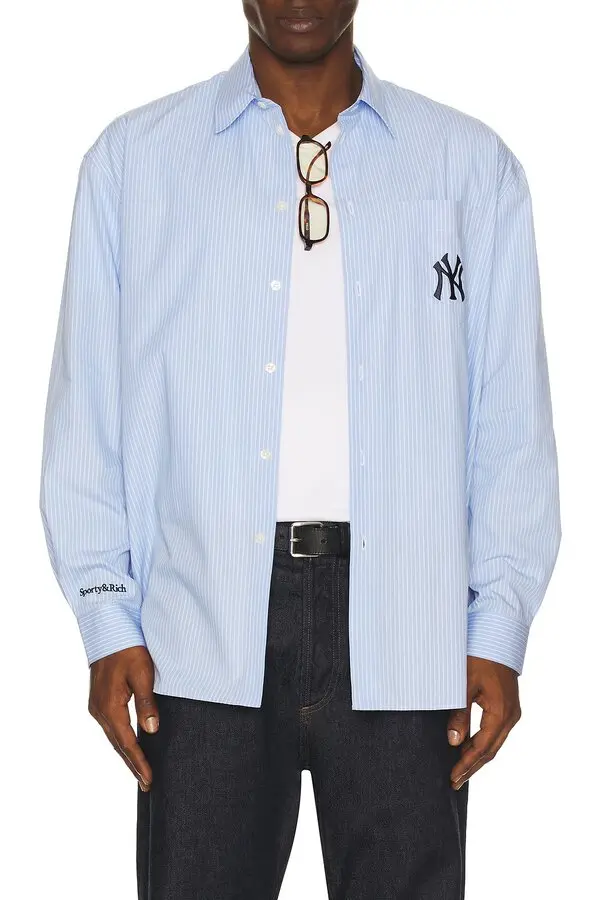 SPORTY & RICH Heritage Yankees Serif Oversized Shirt In Blue
