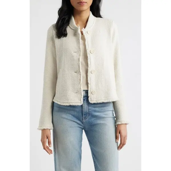 NIC+ZOE Fringe Mix Knit Bomber Jacket - Coconut