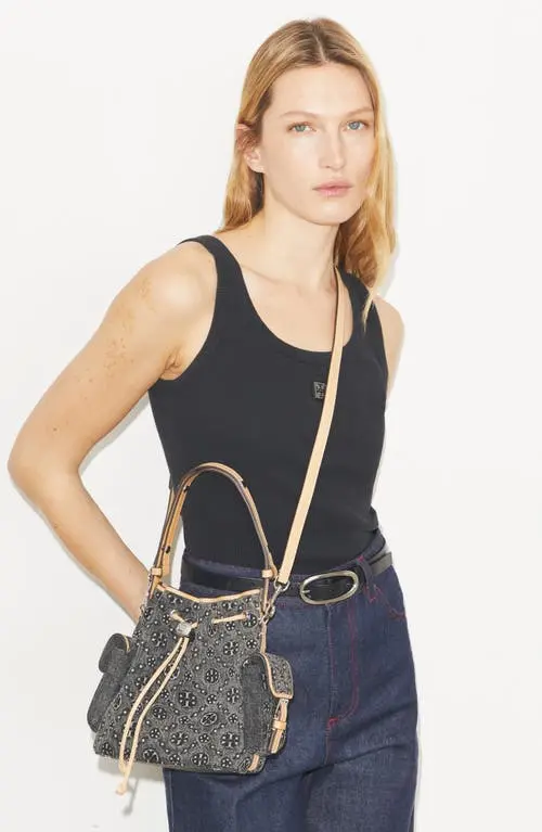 Tory Burch T Monogram Denim Bucket Bag - Black