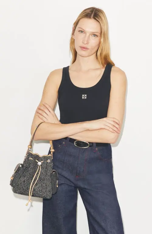 Tory Burch T Monogram Denim Bucket Bag - Black