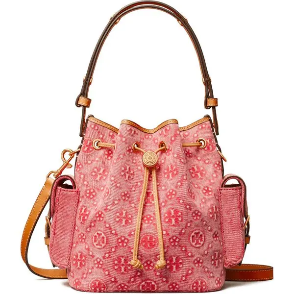 Tory Burch T Monogram Denim Bucket Bag - Brilliant Red