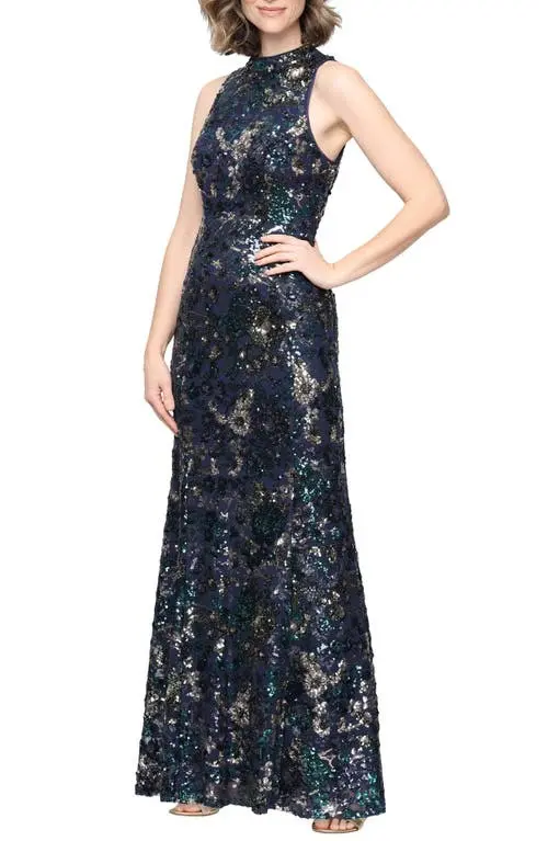 Alex Evenings Sequin Sleeveless Mermaid Gown - Navy/emerald