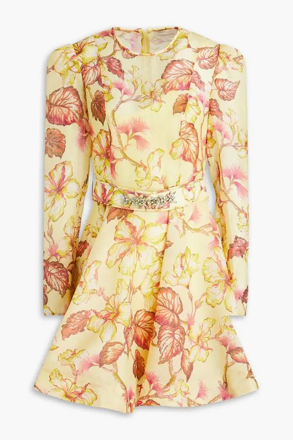 Zimmermann Belted Floral-print Linen And Silk-blend Mini Dress - Yellow