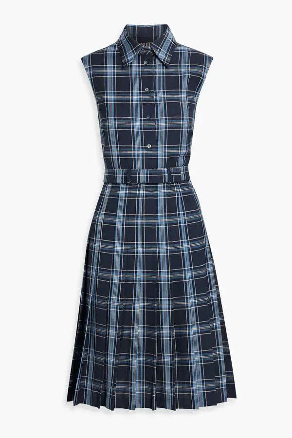 Thom Browne Pleated Checked Wool And Linen-blend Shirt Dress