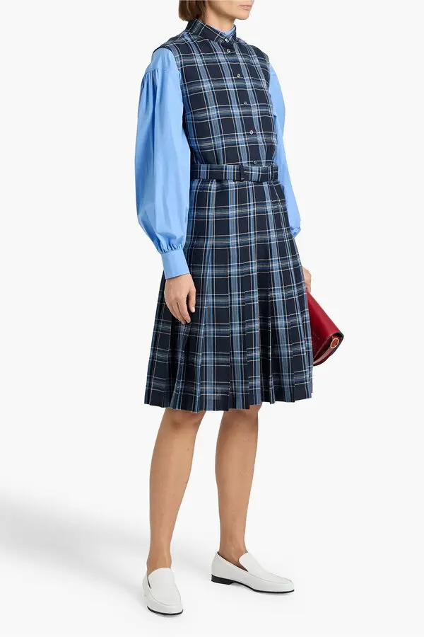 Thom Browne Pleated Checked Wool And Linen-blend Shirt Dress