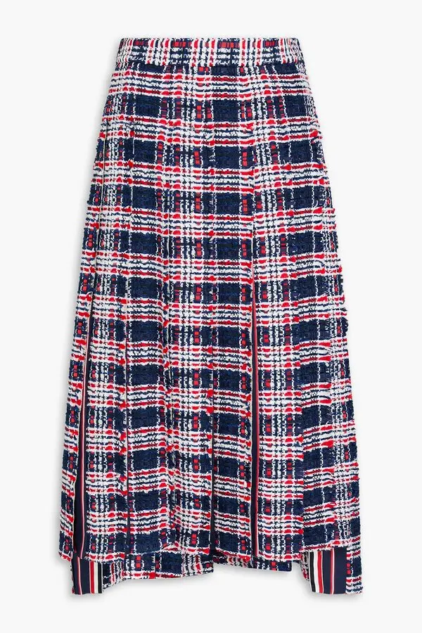 Thom Browne Pleated Checked Tweed Midi Skirt