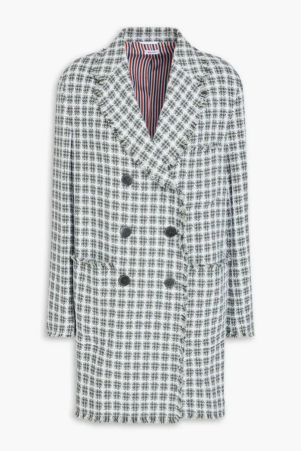 Thom Browne Checked Cotton-tweed Coat With Frayed Trims