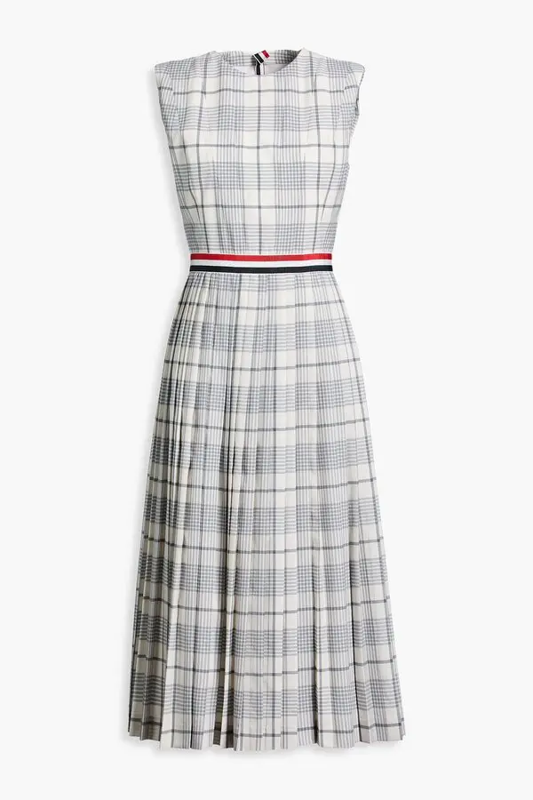 Thom Browne Pleated Checked Wool Midi Dress - Gray