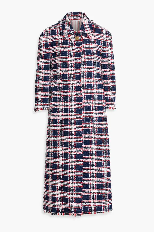 Thom Browne Checked Tweed Coat With Frayed Trims