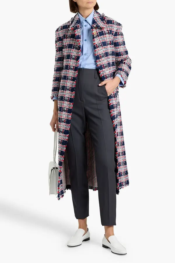Thom Browne Checked Tweed Coat With Frayed Trims