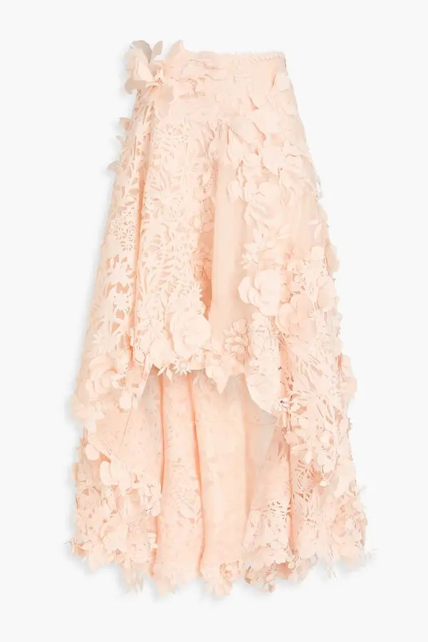 Zimmermann Floral-appliquéd Linen And Silk-blend Organza Maxi Skirt - Pastel Orange
