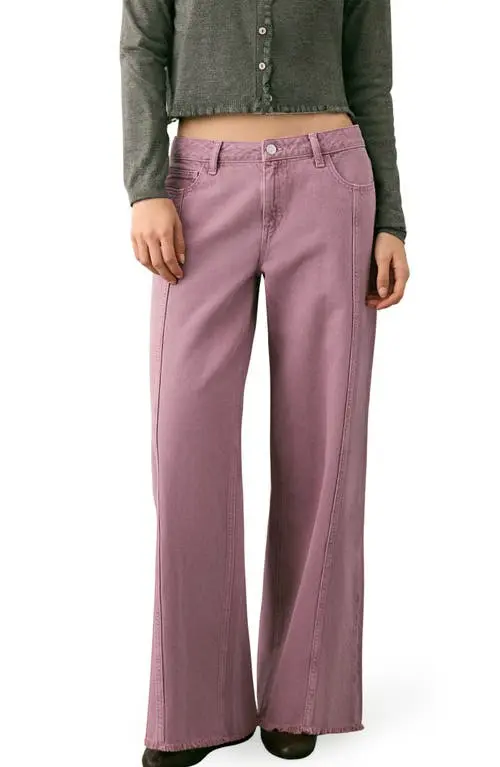 Mango Frayed Seamed Low Rise Wide Leg Jeans - Pink
